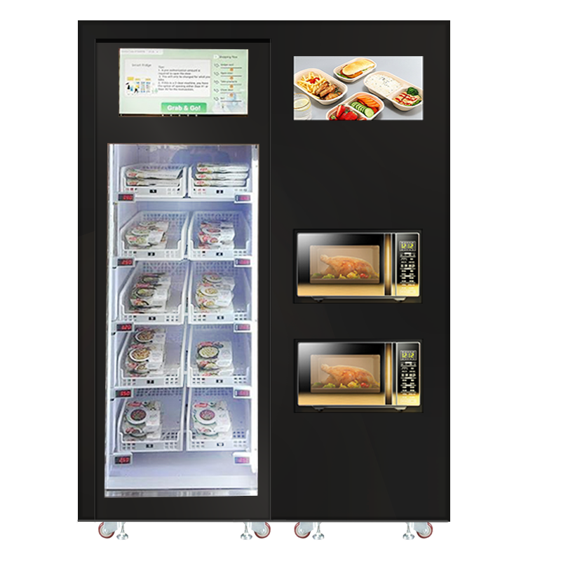 Vending machine for prepared meals with microwave oven
